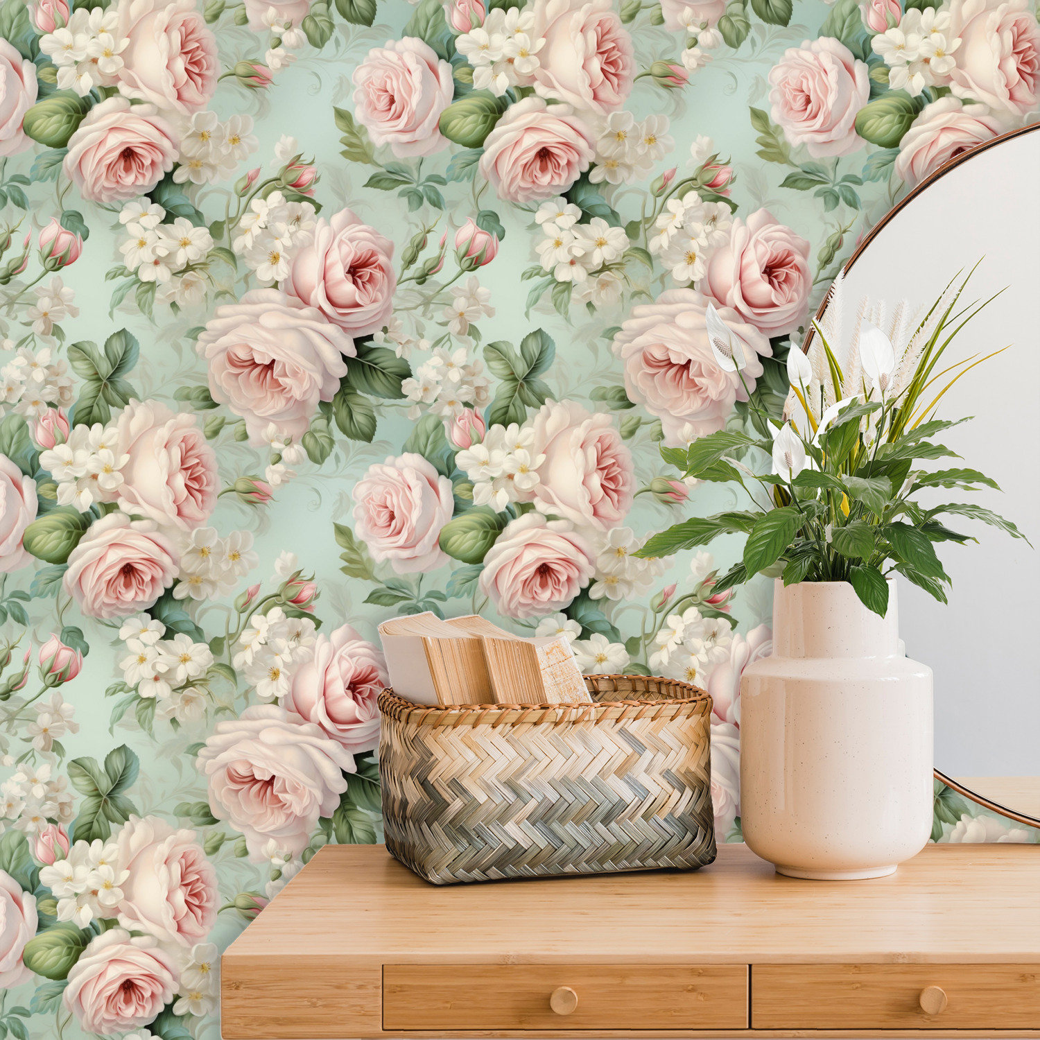 Pink Roses Shabby Chic Wallpaper, Vintage Inspired, Floral Wallpaper ...