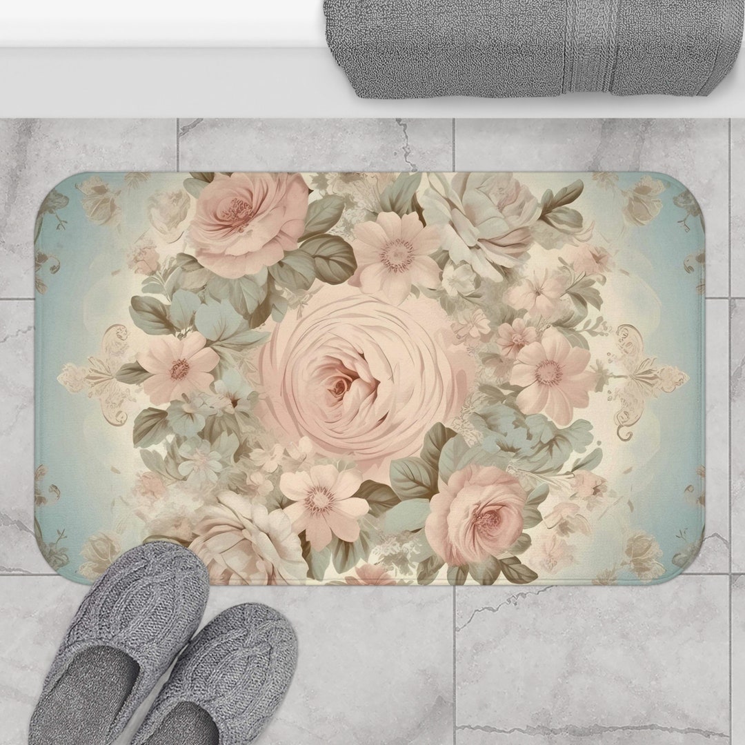Vintage Pink Rose Bath Decor Shabby Chic Style Bath Mat With Delicate ...