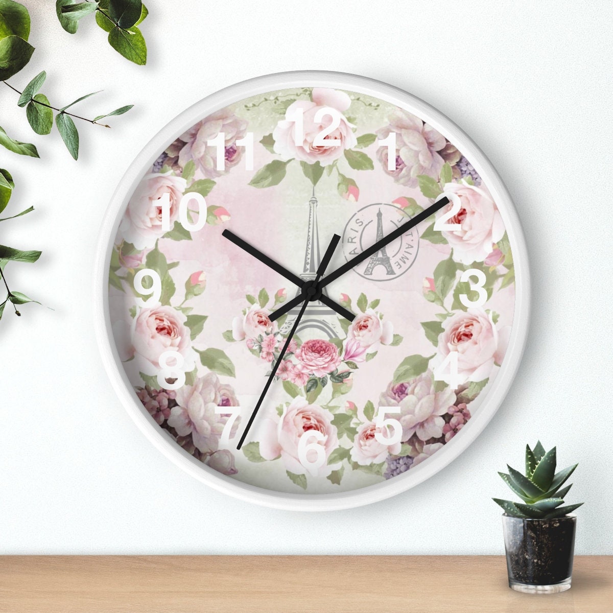 Pink Flower Wall Clock, Paris, Home Decor, Country Cottage, Farmhouse ...