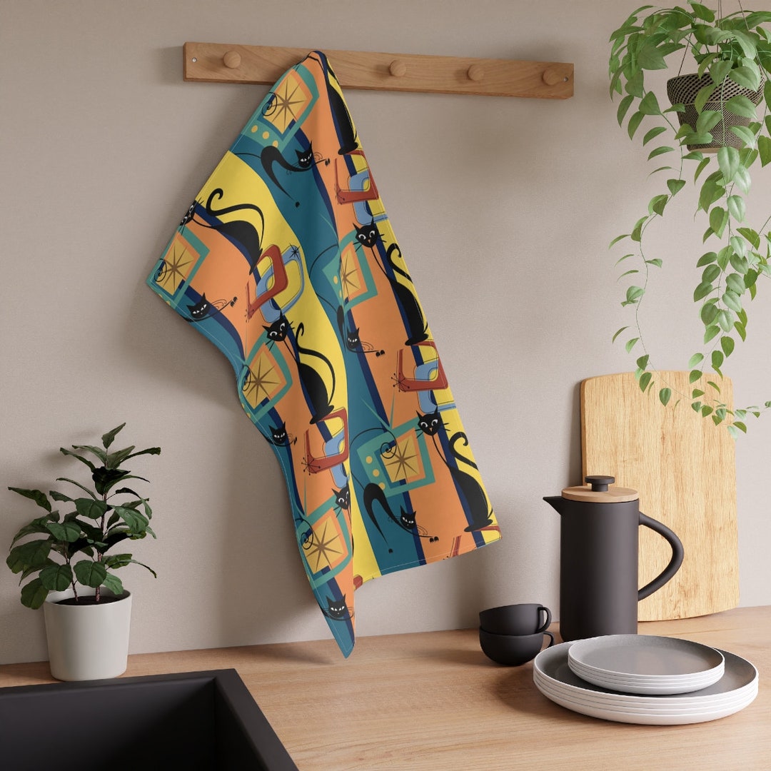 MCM Atomic Cat Kitchen Towel, Cat Tea Towel, Retro Bar Towel, MCM ...