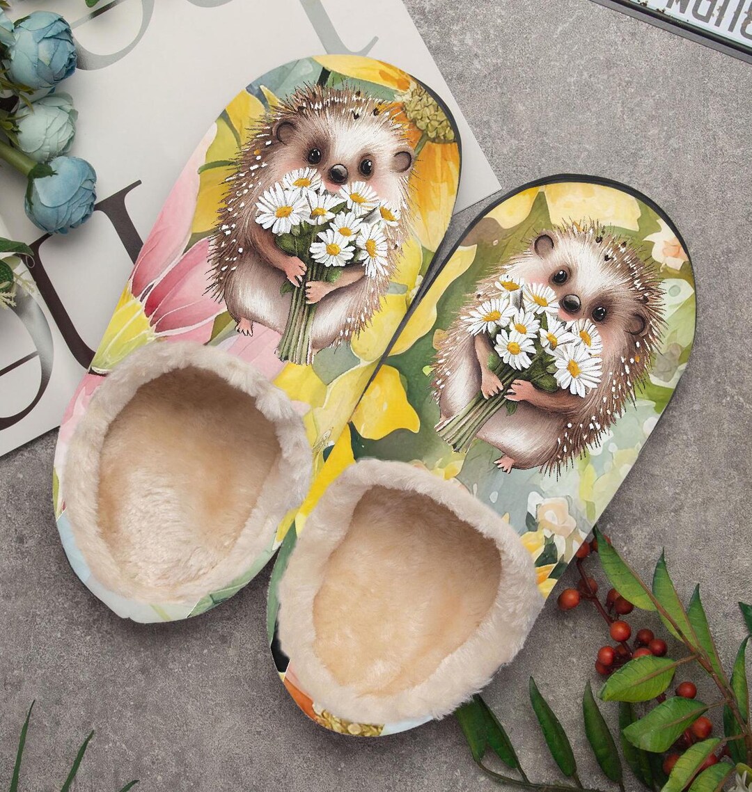 Cute Hedgehogs and Wildflowers Fluffy Bedroom Slippers, House Shoes ...