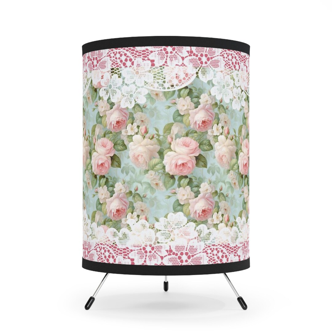 Shabby Chic Style Pink Roses and Lace Tripod Lamp, Vintage Inspired ...