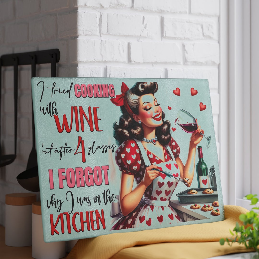 Vintage Pinup Wine Drinking Retro Glass Cutting Board, Valentines Gift ...
