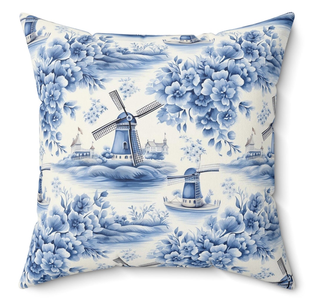 Blue and White Windmills Dutch Delft Design Square Pillow, Scatter ...