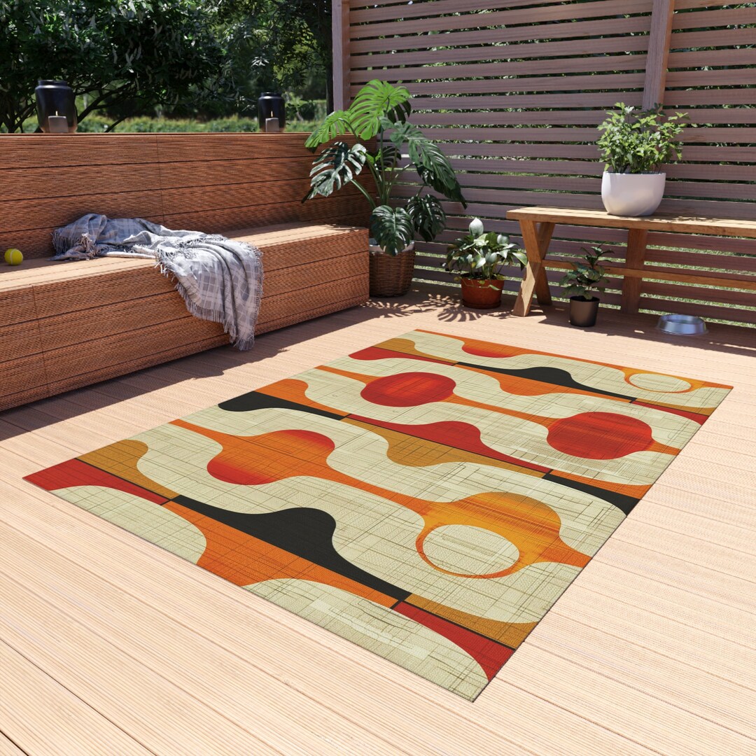 Retro Style MCM Outdoor Rug, Mid Century Patio, Deck, Abstract Outdoor ...