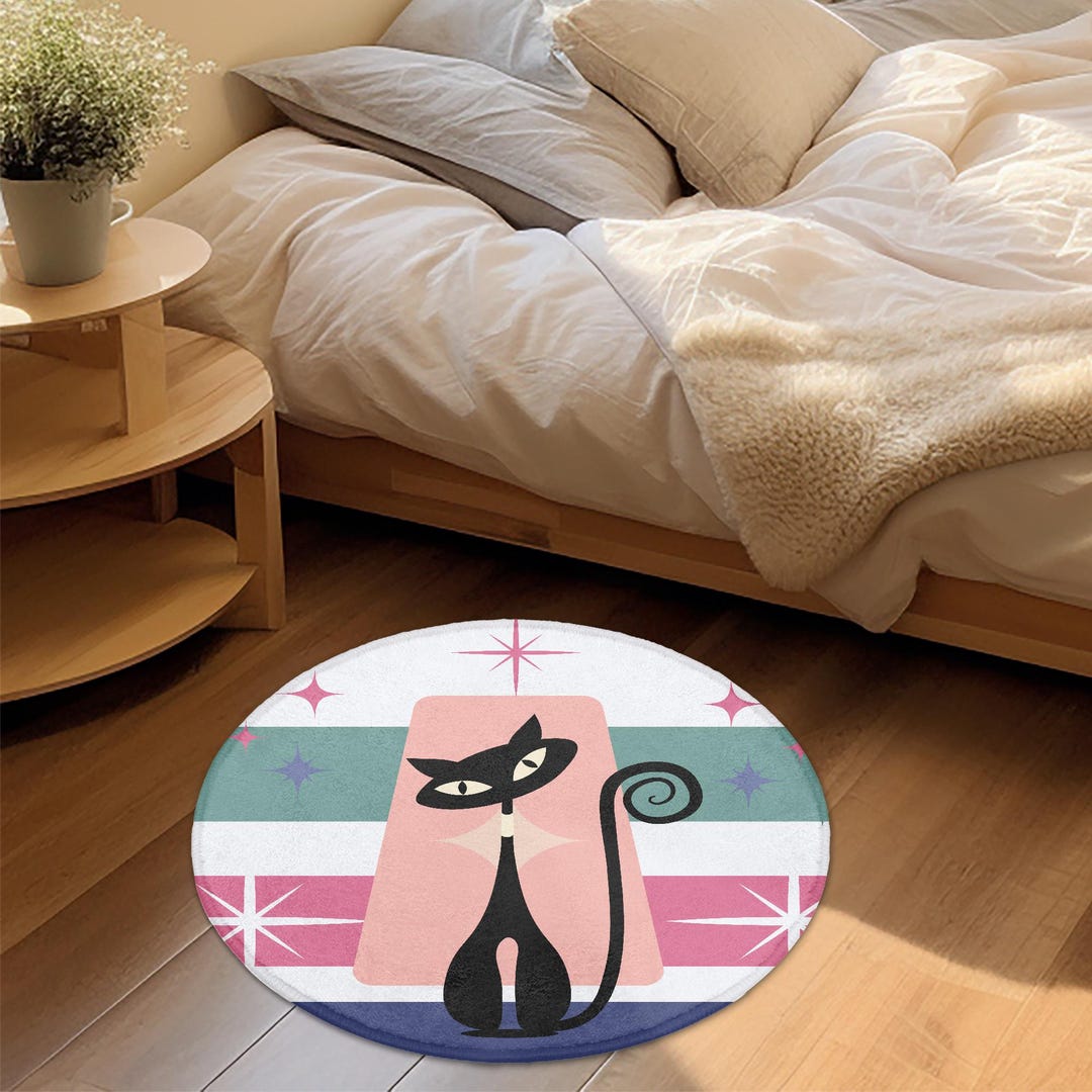 Atomic Cat Soft Round Shaped Rug, 50s 60s Retro Inspired Floor Carpet ...