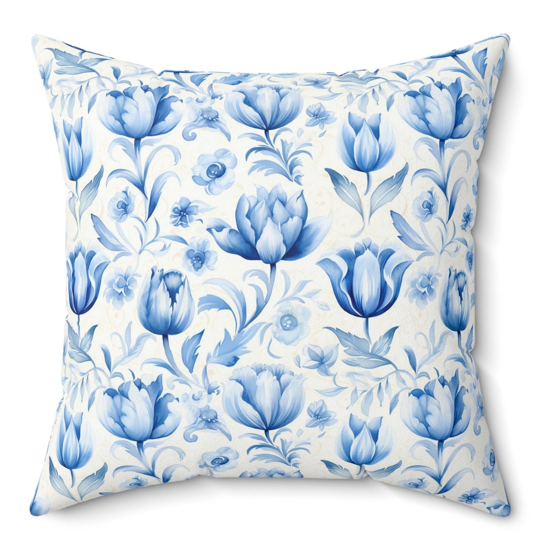 Blue Delft Floral Pillow: Farmhouse Throw Cushion - Etsy