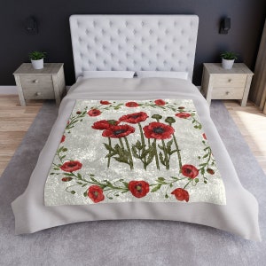 Red Poppy Crushed Velvet Blanket, Sofa Throw, Bed Couch, Living Room ...
