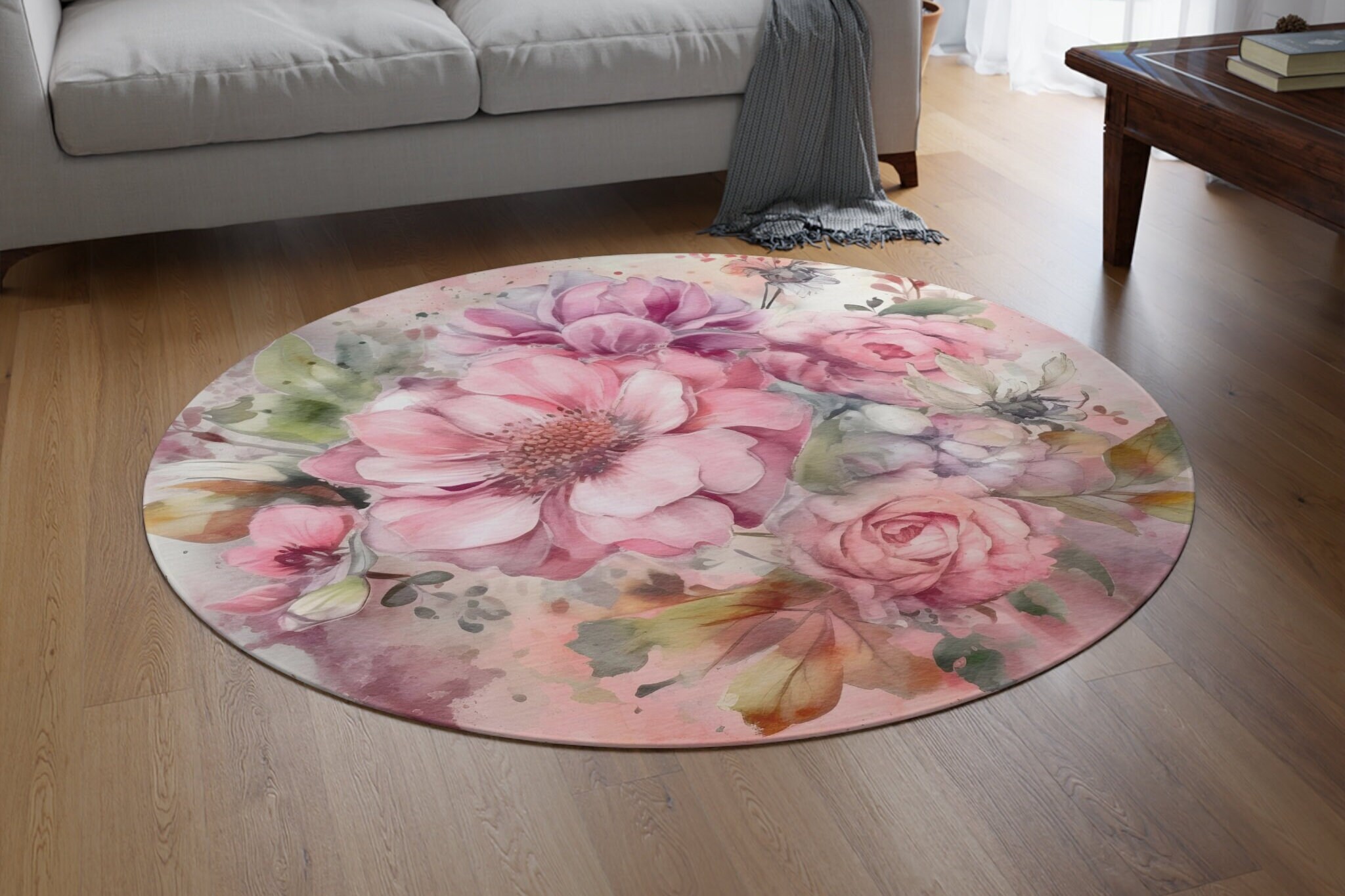Petal Paradise: Shabby Chic Pink Floral Round Area Rug - Etsy