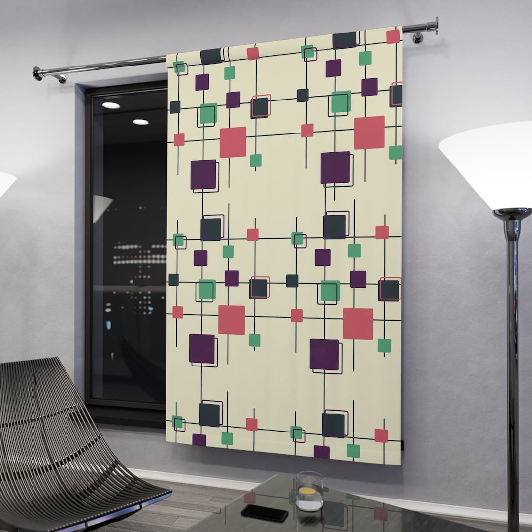MCM Little Blocks Pattern Retro Window Curtains 1 Piece, Mid Century ...