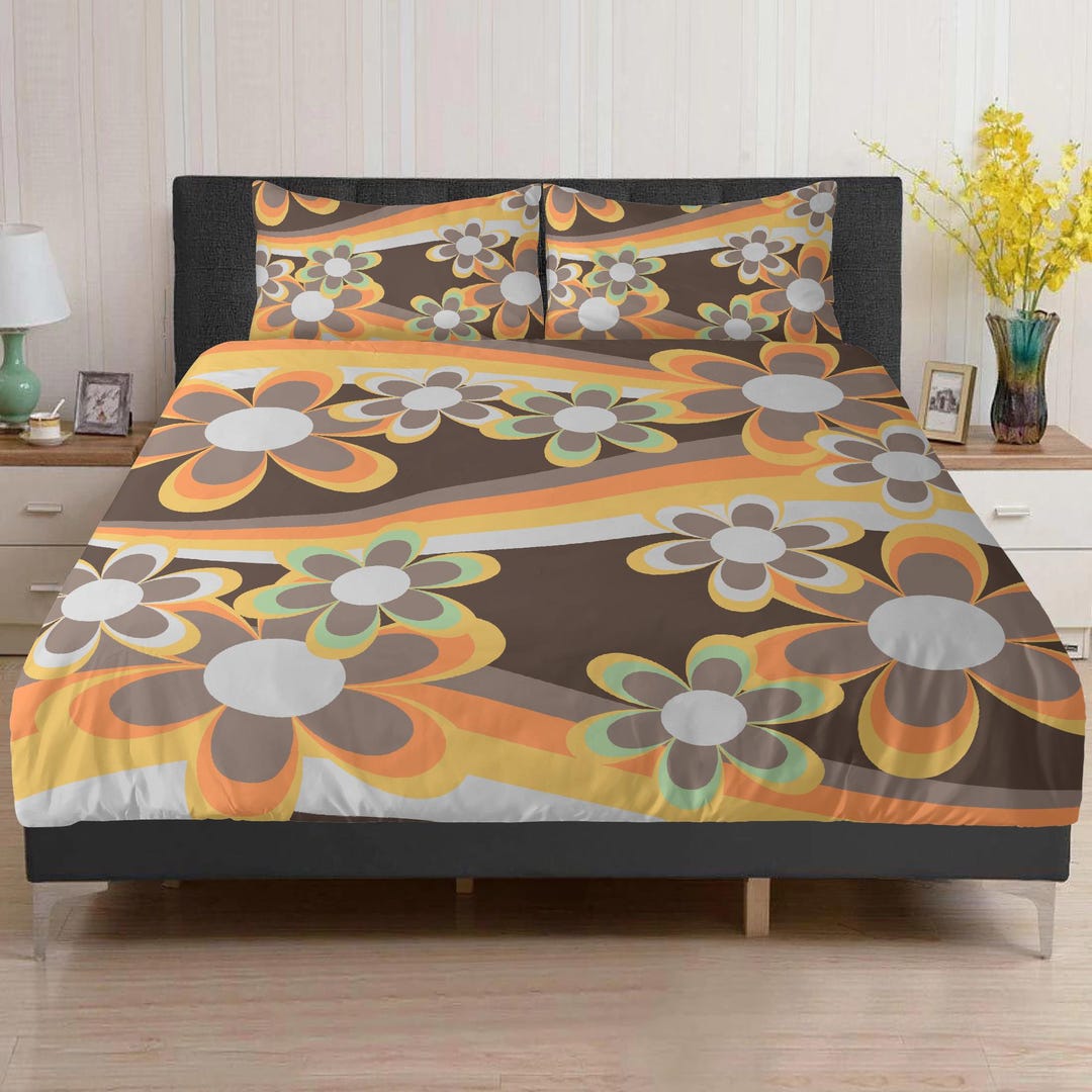 Retro Groovy Flowers Polyester Bedding Set, Duvet Cover, Hippie Bedding ...