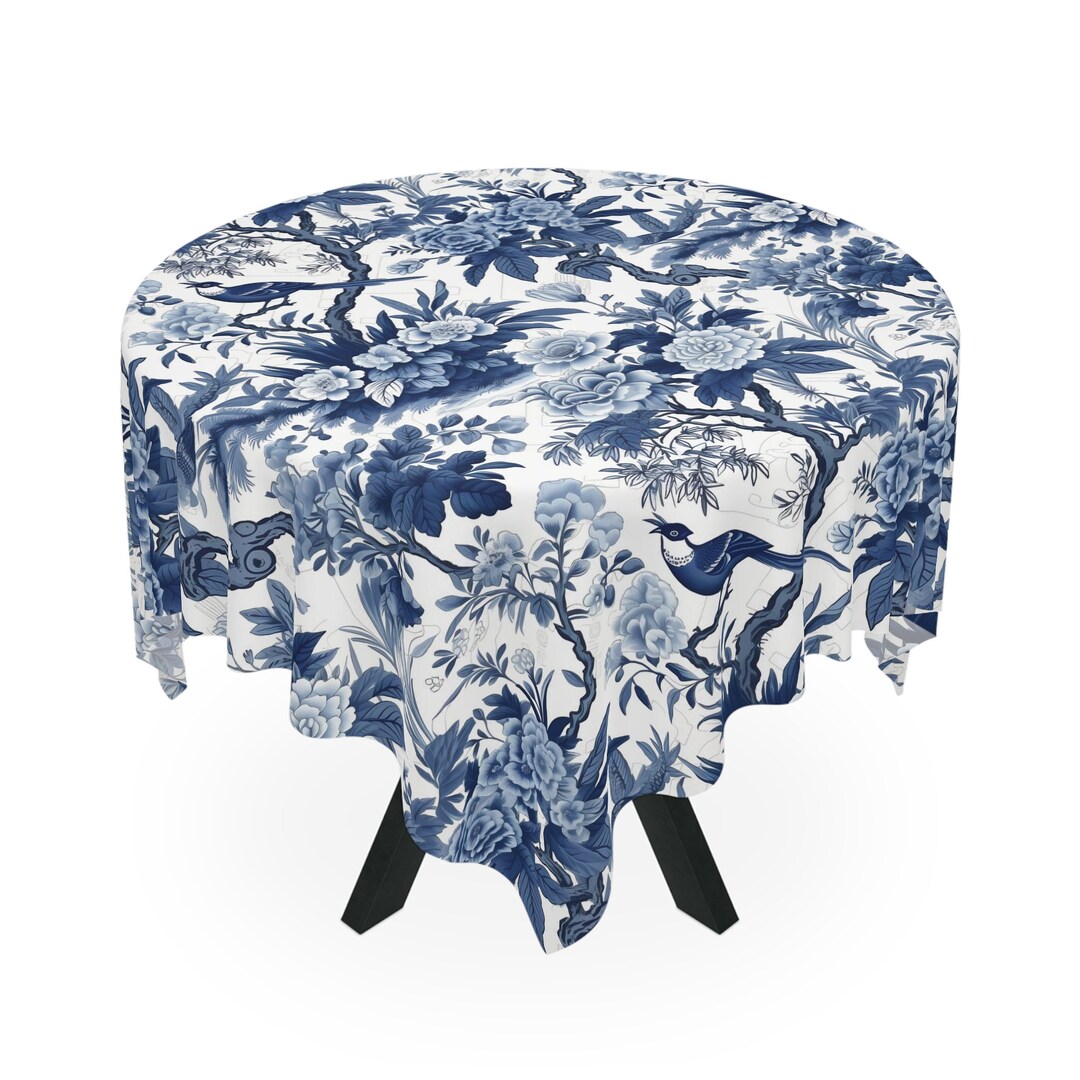 Blue and White Bird Floral Design Tablecloth - Etsy