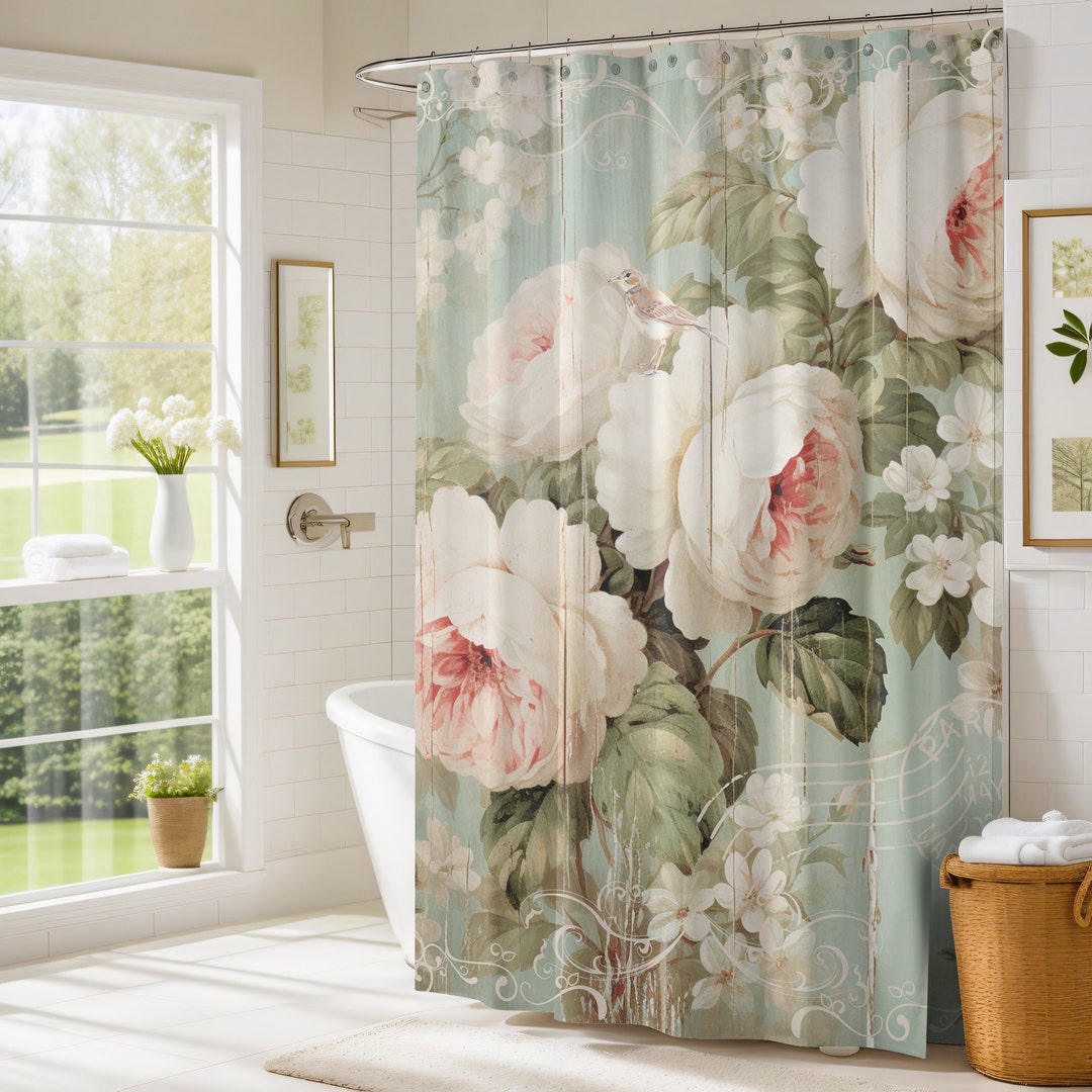Large Pink Roses Shabby Chic Style Shower Curtain, Bathroom Decor ...