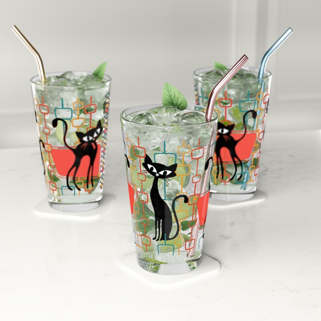 Black Atomic Cat Retro Inspired Pint Glass, 16oz, Vintage Cat Design ...