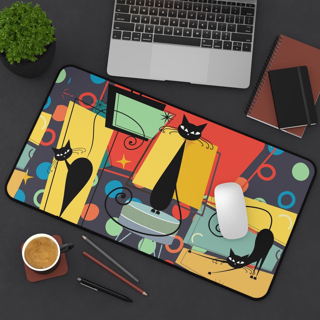 Mid Mod Atomic Cat Colorful Desk Mat, Retro Mousepad, MCM Office Decor ...