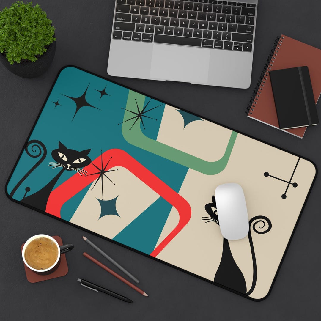Atomic Cat Retro Desk Mat, MCM Office Decor, Mid Century Modern, Work ...