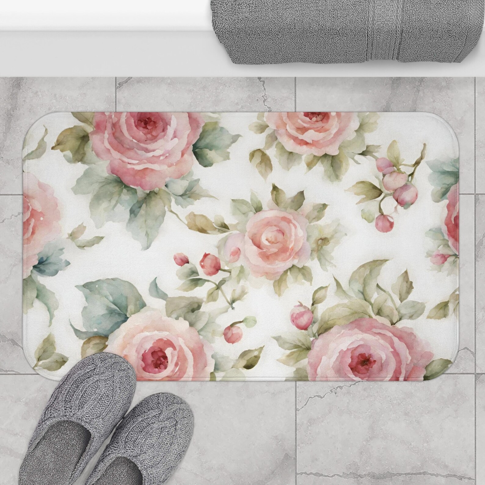 Pink Watercolor Roses Shabby Chic Bath Mat, French Vintage Inspired ...