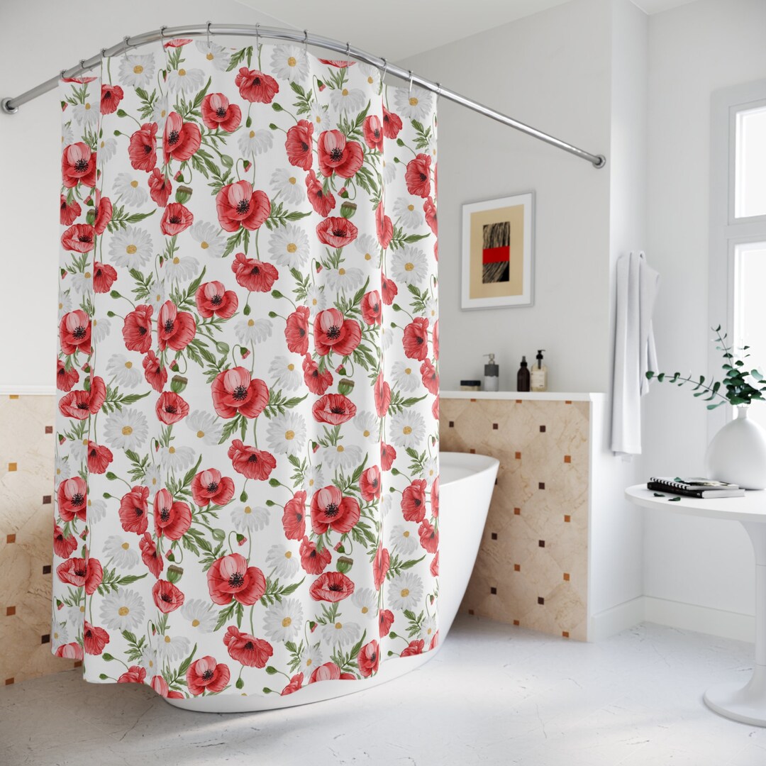 Red Poppies and White Daisies Shower Curtain: Floral Bathroom Decor - Etsy