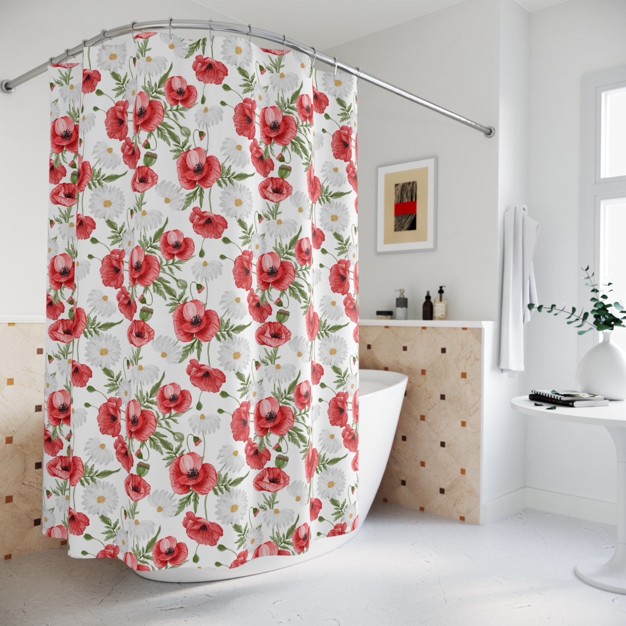 Red Poppies and White Daisies Shower Curtain, Floral Bathroom, Bathroom ...