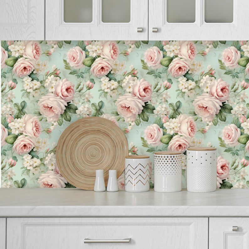 Pink Roses Shabby Chic Wallpaper, Vintage Inspired, Floral Wallpaper ...