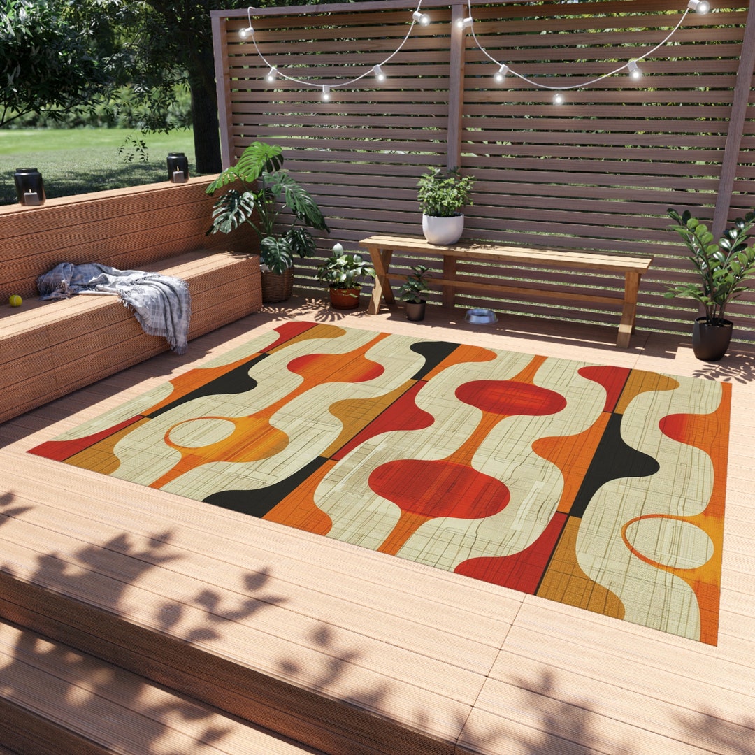 Retro Style MCM Outdoor Rug, Mid Century Patio, Deck, Abstract Outdoor ...