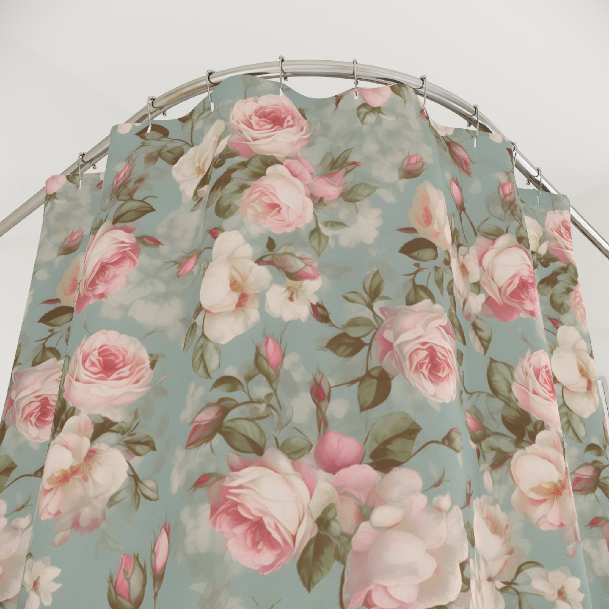 Dusky Pink Roses and Grey Shabby Chic Shower Curtain, Vintage Bath ...