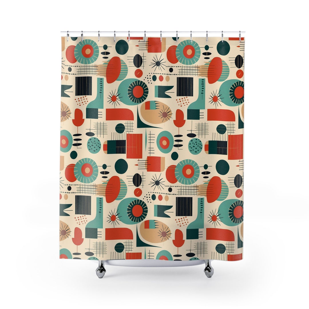 Mid Century Modern Geometric Shapes Shower Curtain Mcm Bathroom Decor