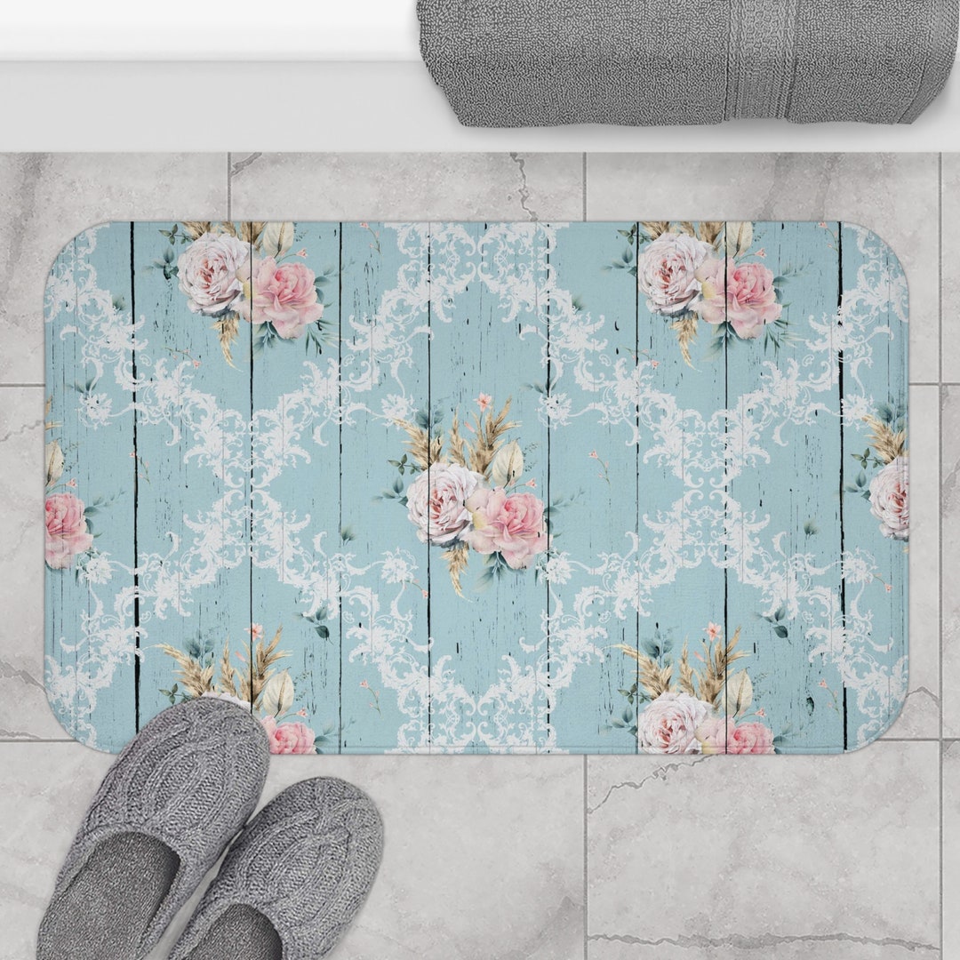 Shabby Chic Blue Bath Mat With Pink Roses, Shabby Bath Decor, Bathroom ...