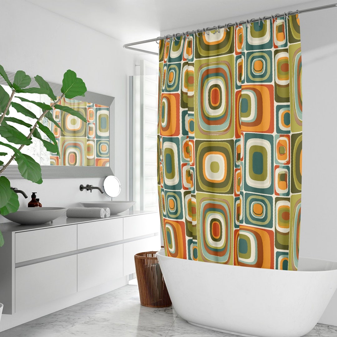 Groovy Retro Green and Orange Shapes Shower Curtain, Retro Bathroom ...