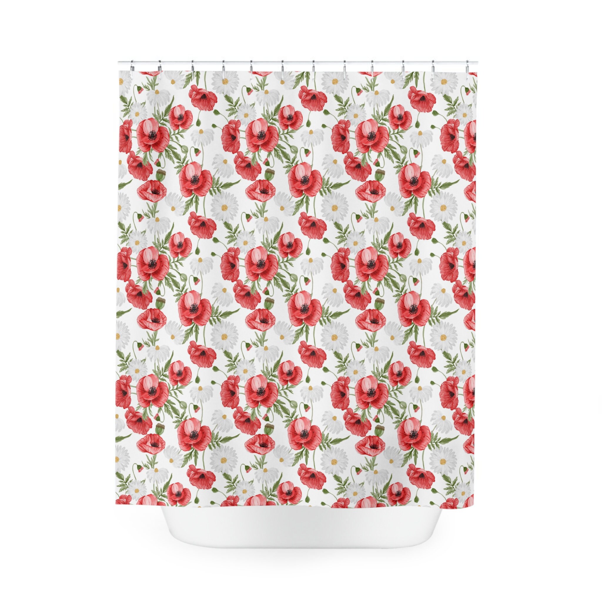 Red Poppies and White Daisies Shower Curtain, Floral Bathroom, Bathroom ...