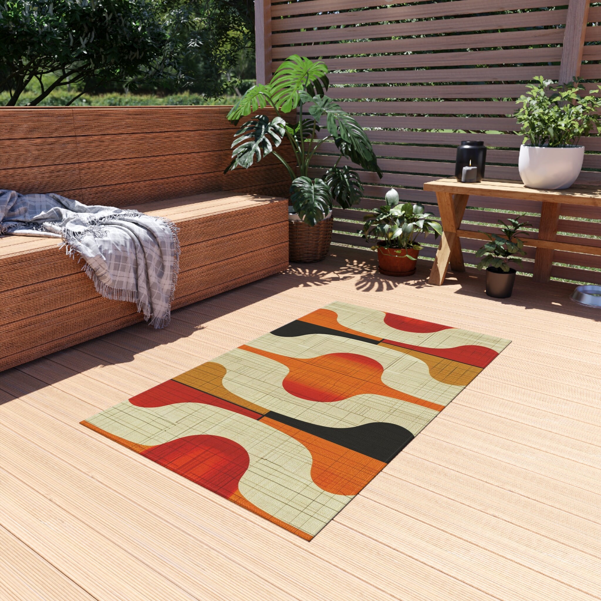 Retro Style MCM Outdoor Rug, Mid Century Patio, Deck, Abstract Outdoor ...