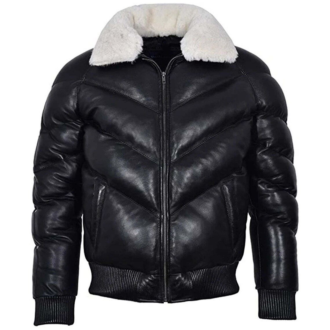 Leather V Bomber Puffer Winter Warm Jacket With Fur Collar - Etsy