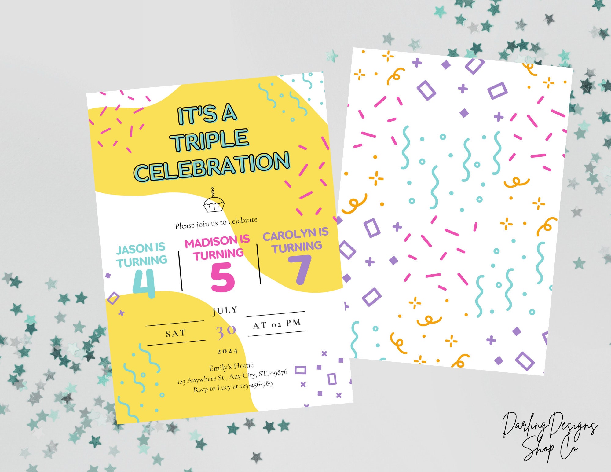 TRIPLE CELEBRATION Birthday Invitation Template, Three Kids Birthday ...
