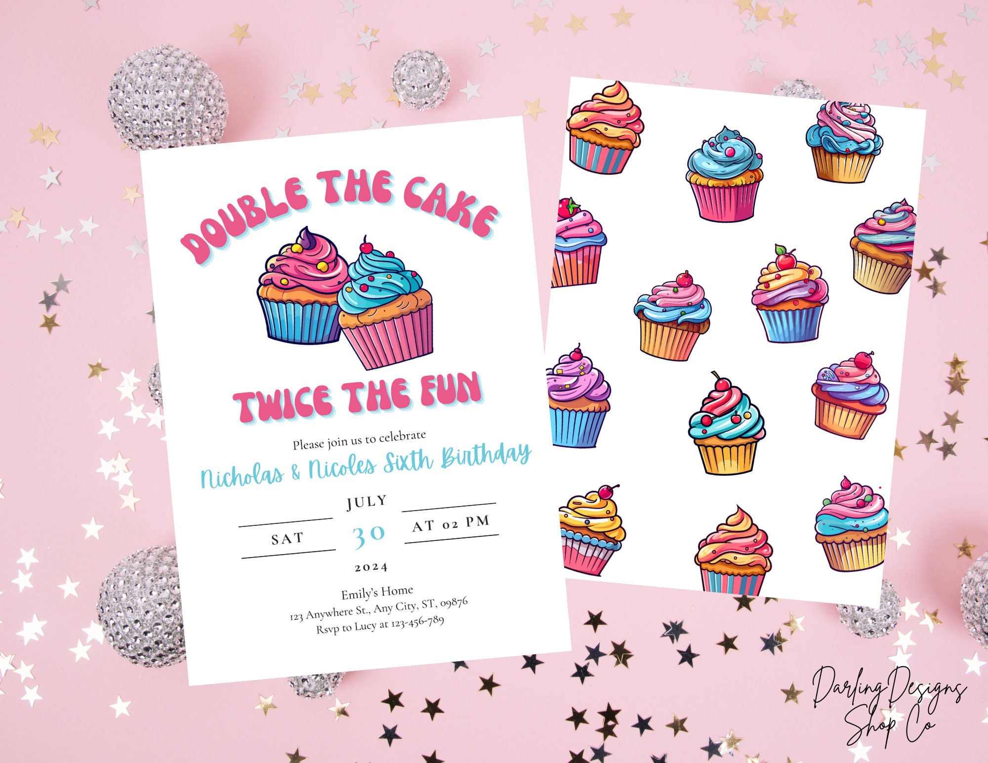 DOUBLE THE CAKE Twice the Fun Birthday Invitation Template, Kids ...