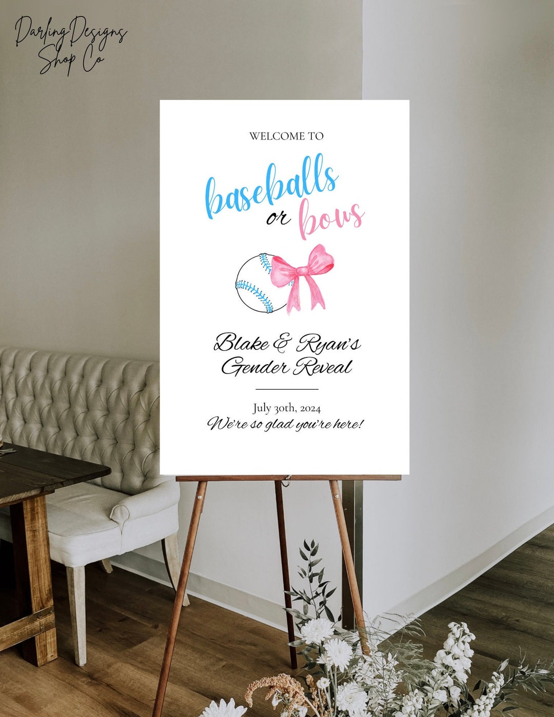 BASEBALLS OR BOWS Gender Reveal Baby Shower Sign Template, Baby Shower ...
