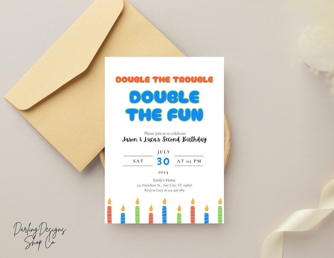 DOUBLE THE TROUBLE Double the Fun Birthday Invitation Template, Kids ...