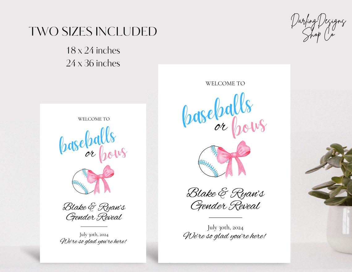 BASEBALLS OR BOWS Gender Reveal Baby Shower Sign Template, Baby Shower ...