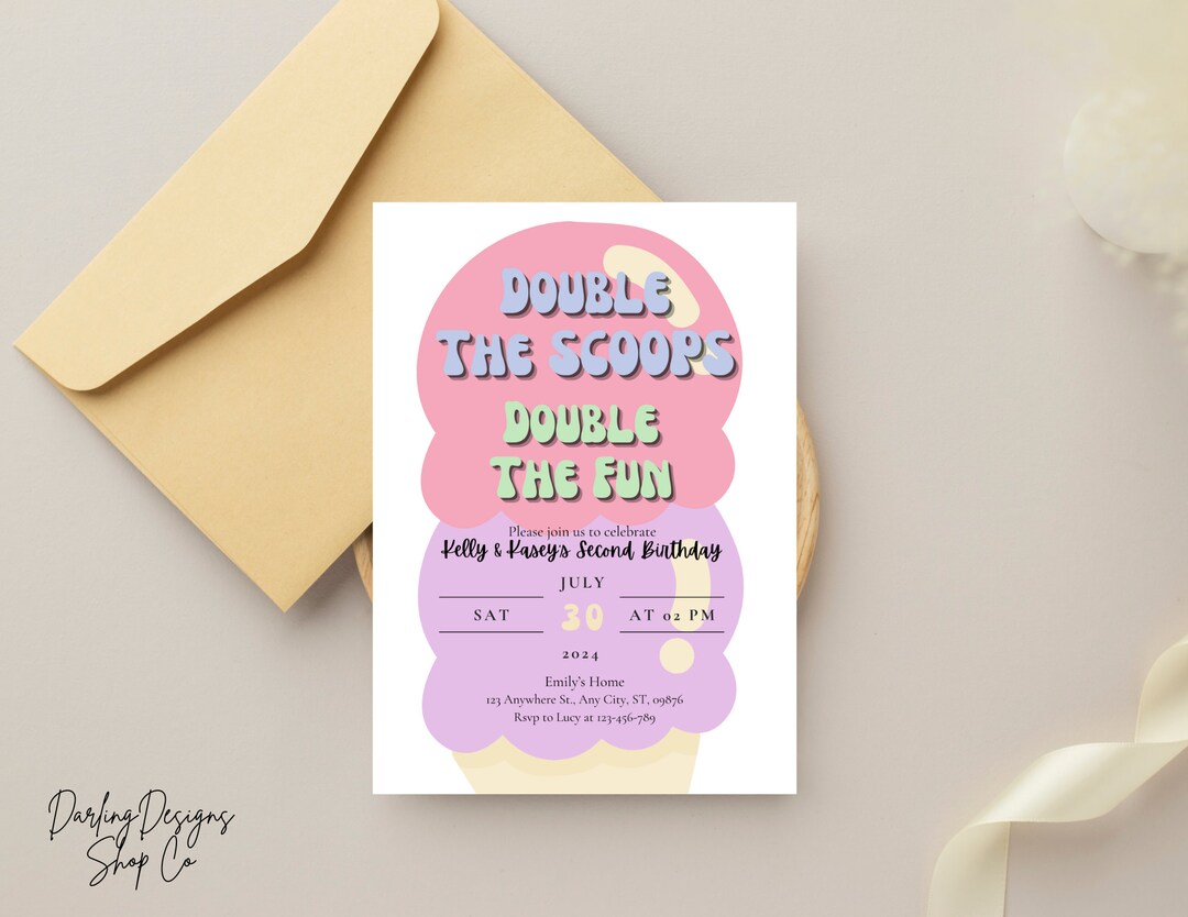 DOUBLE THE SCOOPS Double the Fun Birthday Invitation Template, Twins ...