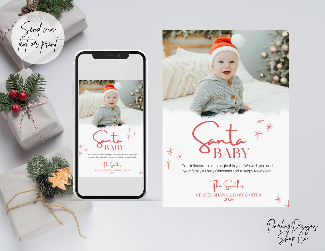 SANTA BABY Christmas Card Template, Newborn Christmas, Family Christmas ...