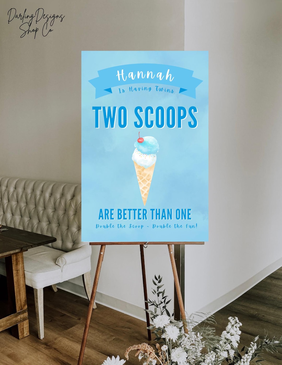 BLUE TWO SCOOPS is Better Than One Twin Boys Baby Shower Welcome Poster ...