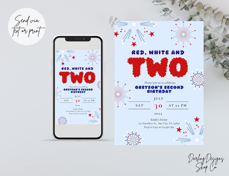 RED WHITE & TWO Birthday Invitation Template, Second Birthday ...
