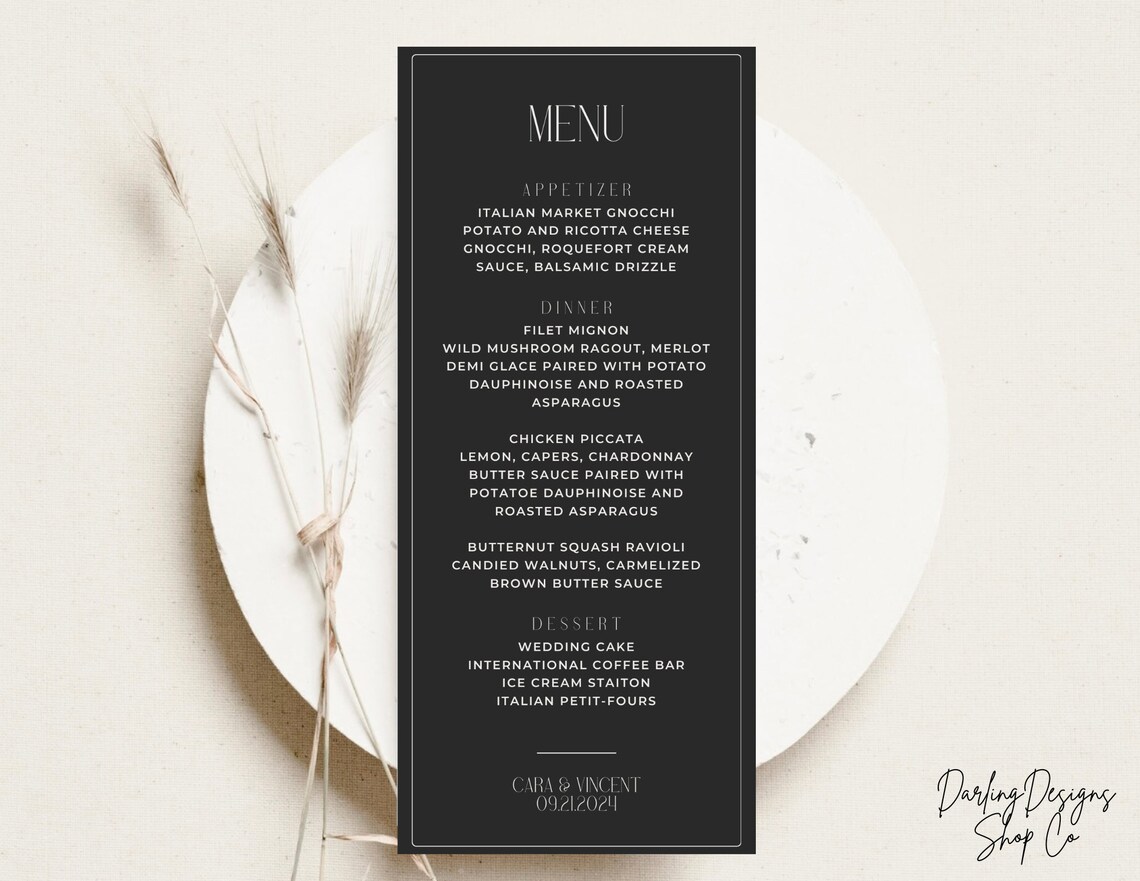 BLACK MODERN WEDDING Menu Template, Wedding Menu, Diy, Simple Black and ...
