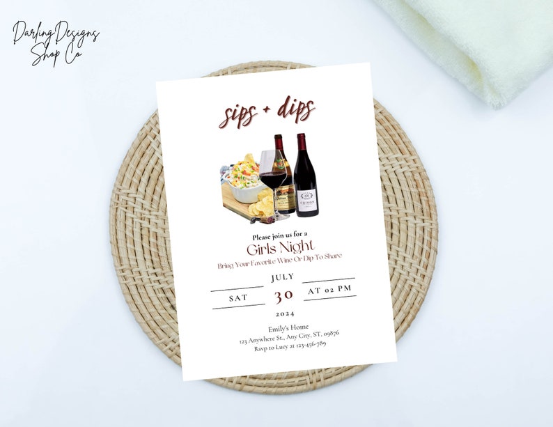SIPS AND DIPS Girls Night Invitation, Bring Your Favorite Dips ...
