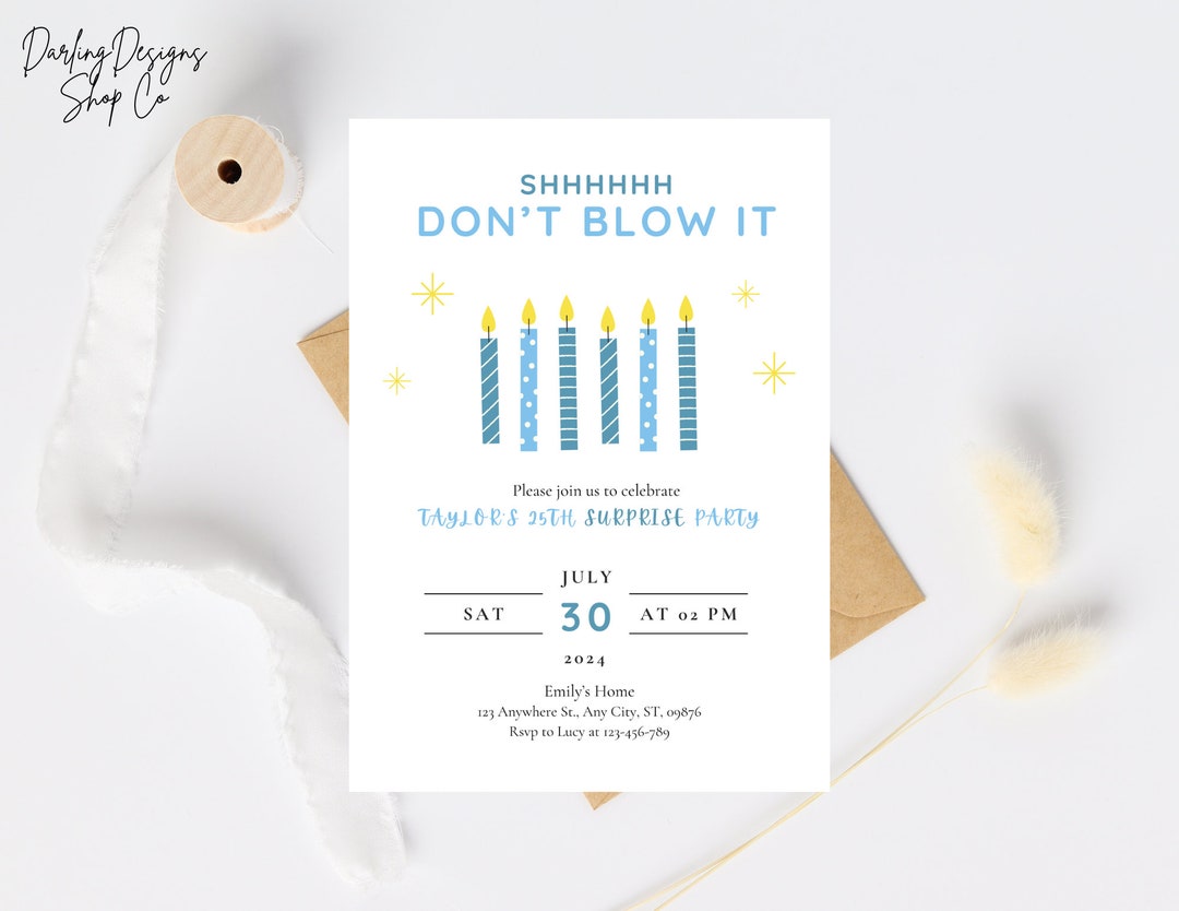 Shhh DON'T BLOW IT Surprise Birthday Invitation Template, Blue Surprise ...