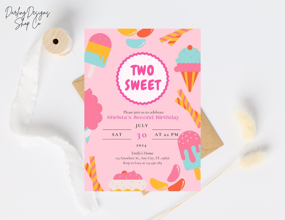 SWEET TWO Birthday Invitation Template, Second Birthday Invitation ...