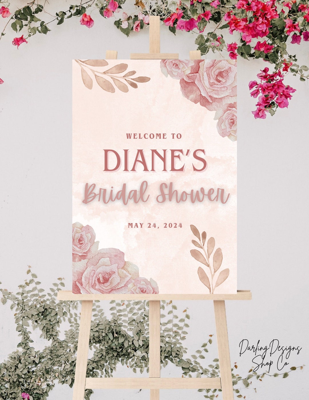PINK FLORAL Bridal Shower Sign Template, Roses Bridal Shower Poster ...