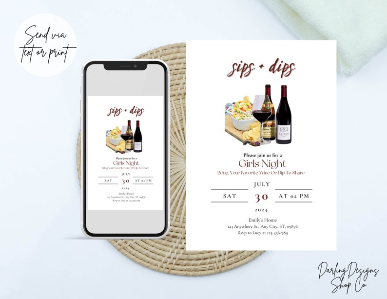 SIPS AND DIPS Girls Night Invitation, Bring Your Favorite Dips ...