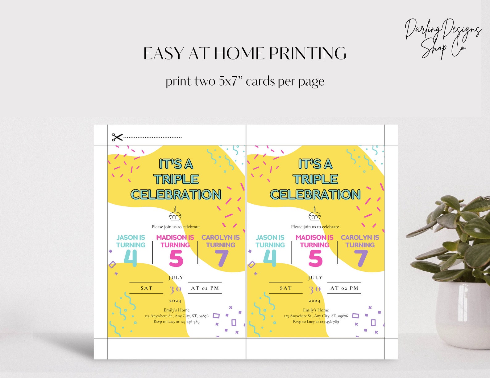 TRIPLE CELEBRATION Birthday Invitation Template, Three Kids Birthday ...