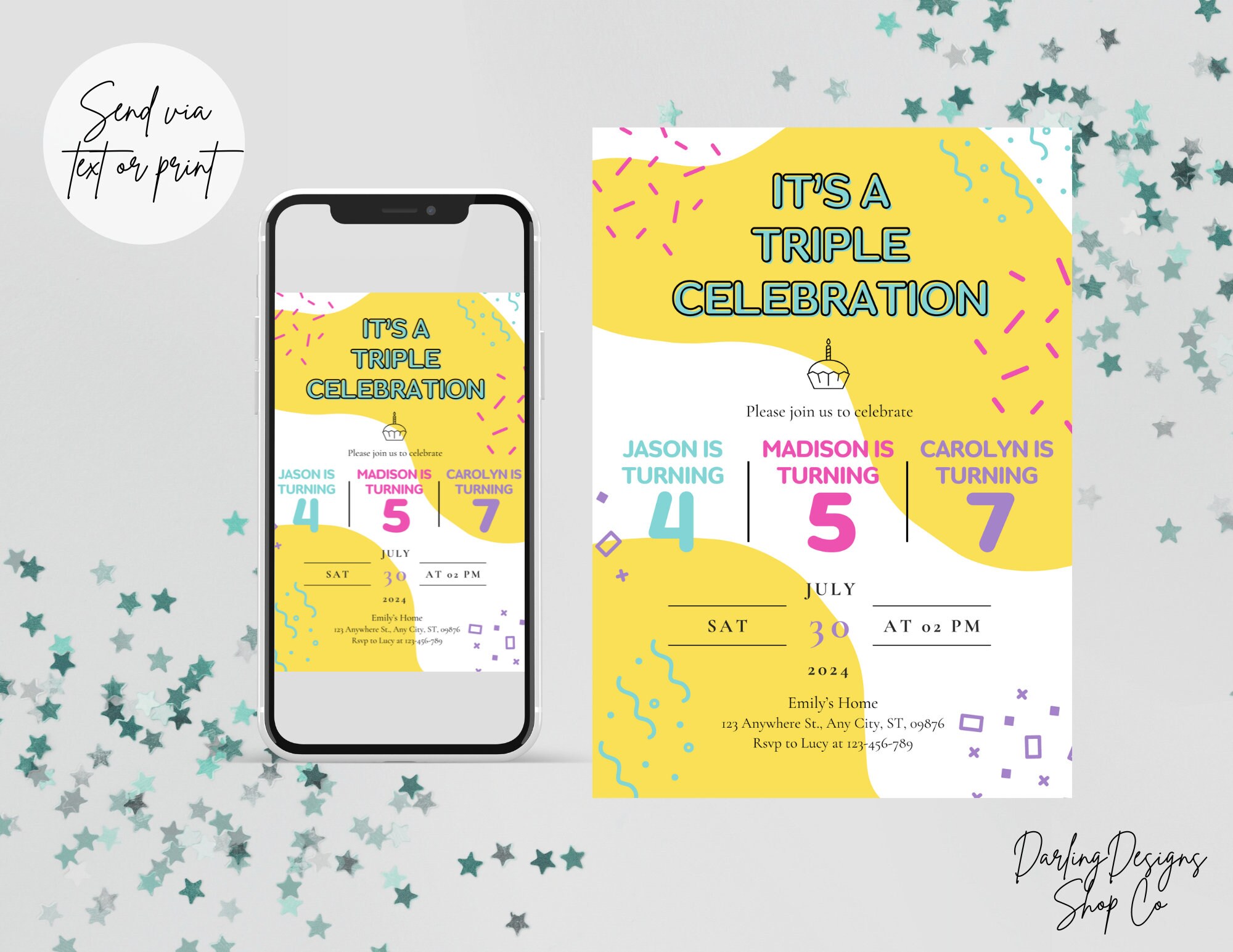 TRIPLE CELEBRATION Birthday Invitation Template, Three Kids Birthday ...