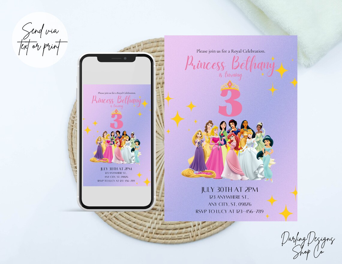 PRINCESSES Birthday Invitation Template, Third Birthday Invitation ...